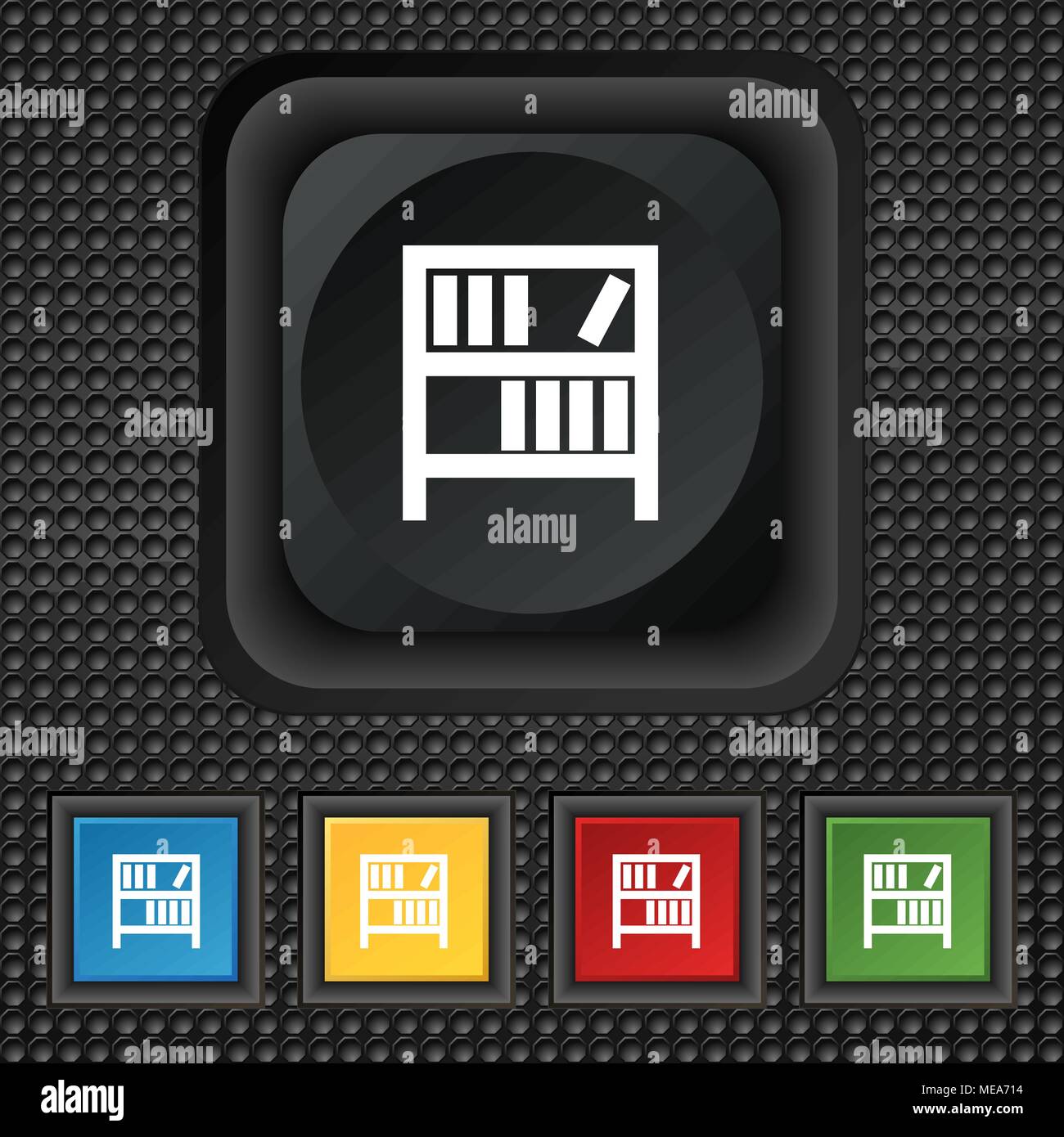 L'icône Bibliothèque signe. boutons colorés au carré symbole noir sur ...