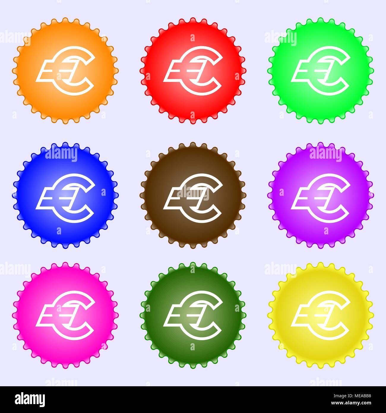 Icône Euro EUR signe. Une série de 9 étiquettes de couleurs différentes ...