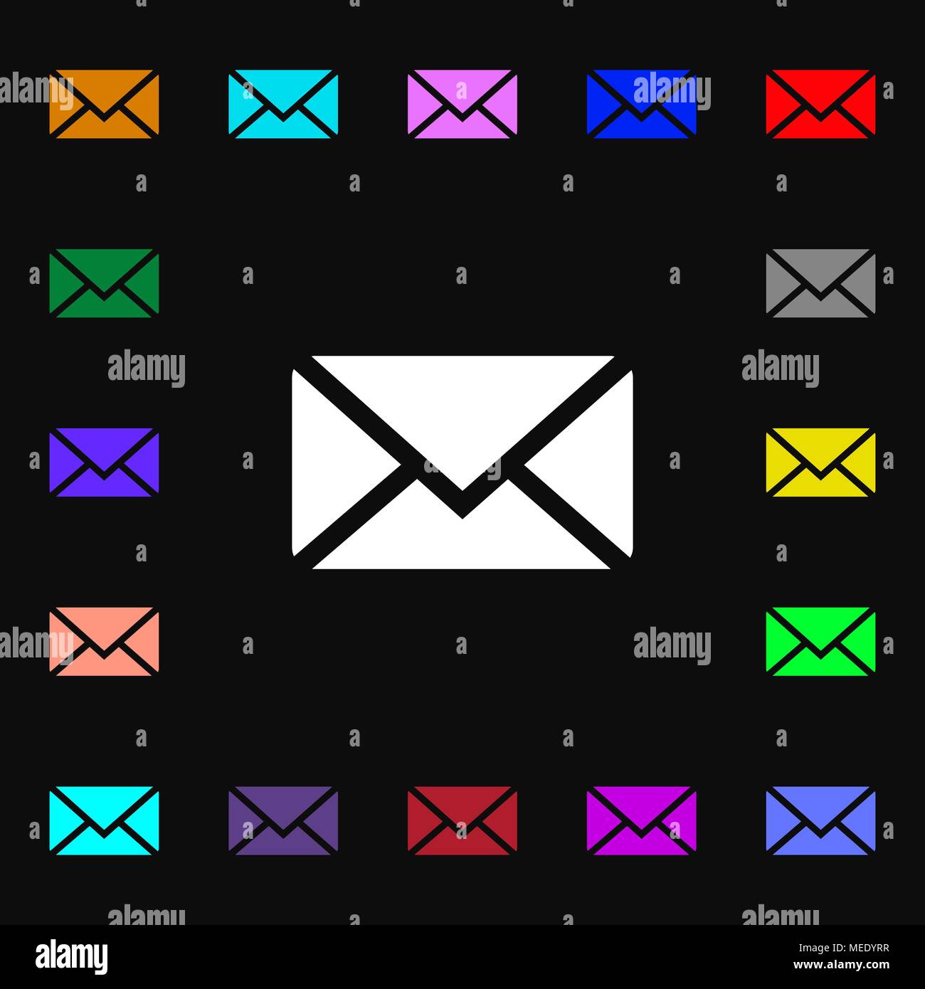 Mail, enveloppe, l'icône de message signe. Beaucoup de symboles colorés ...