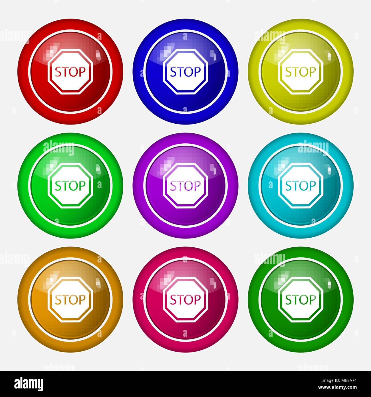 Icône Stop sign. symbole sur neuf boutons colorés. Vector illustration ...