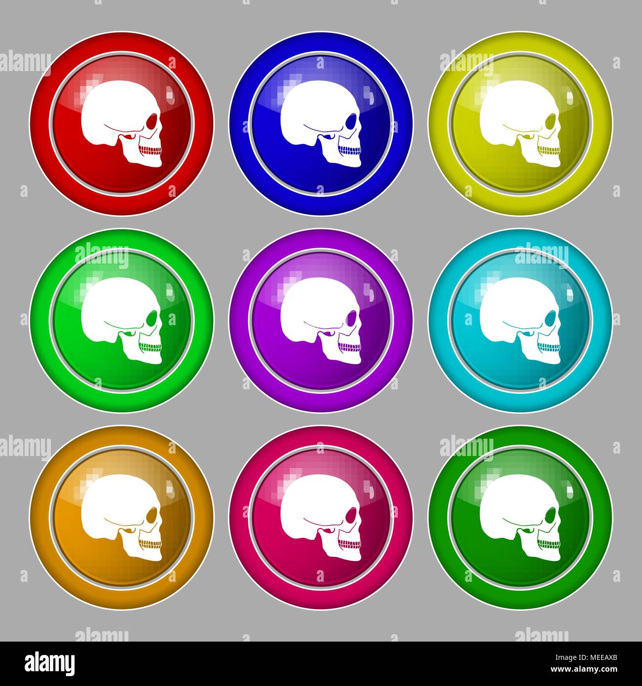 L'icône du crâne. signe symbole sur neuf boutons colorés. Vector ...