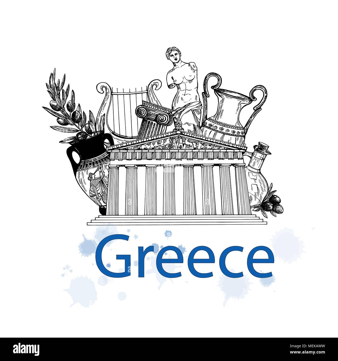 Ensemble de croquis dessinés à la main sur le thème grec style objets ...