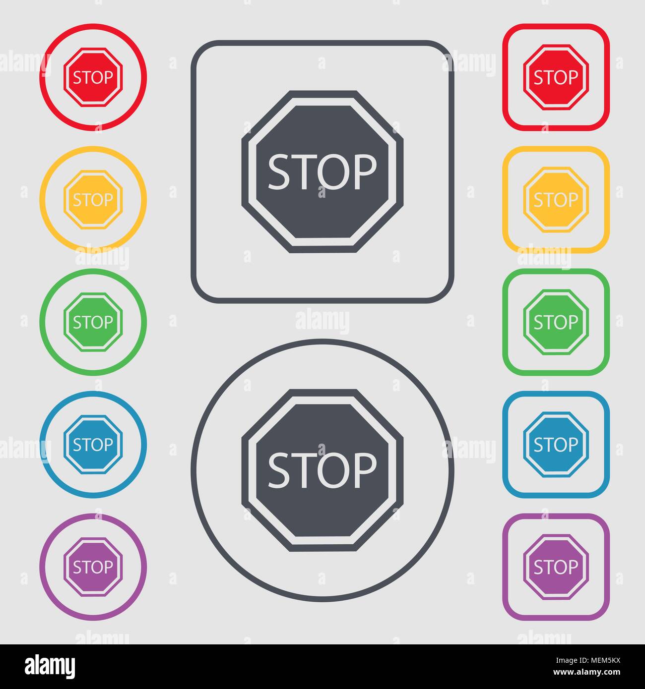 Icône Stop sign. symbole sur le boutons ronds et carrés avec le bâti ...