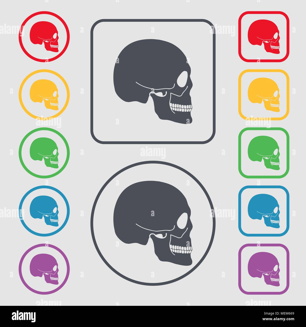 L'icône du crâne. signe symbole sur le boutons ronds et carrés avec le ...
