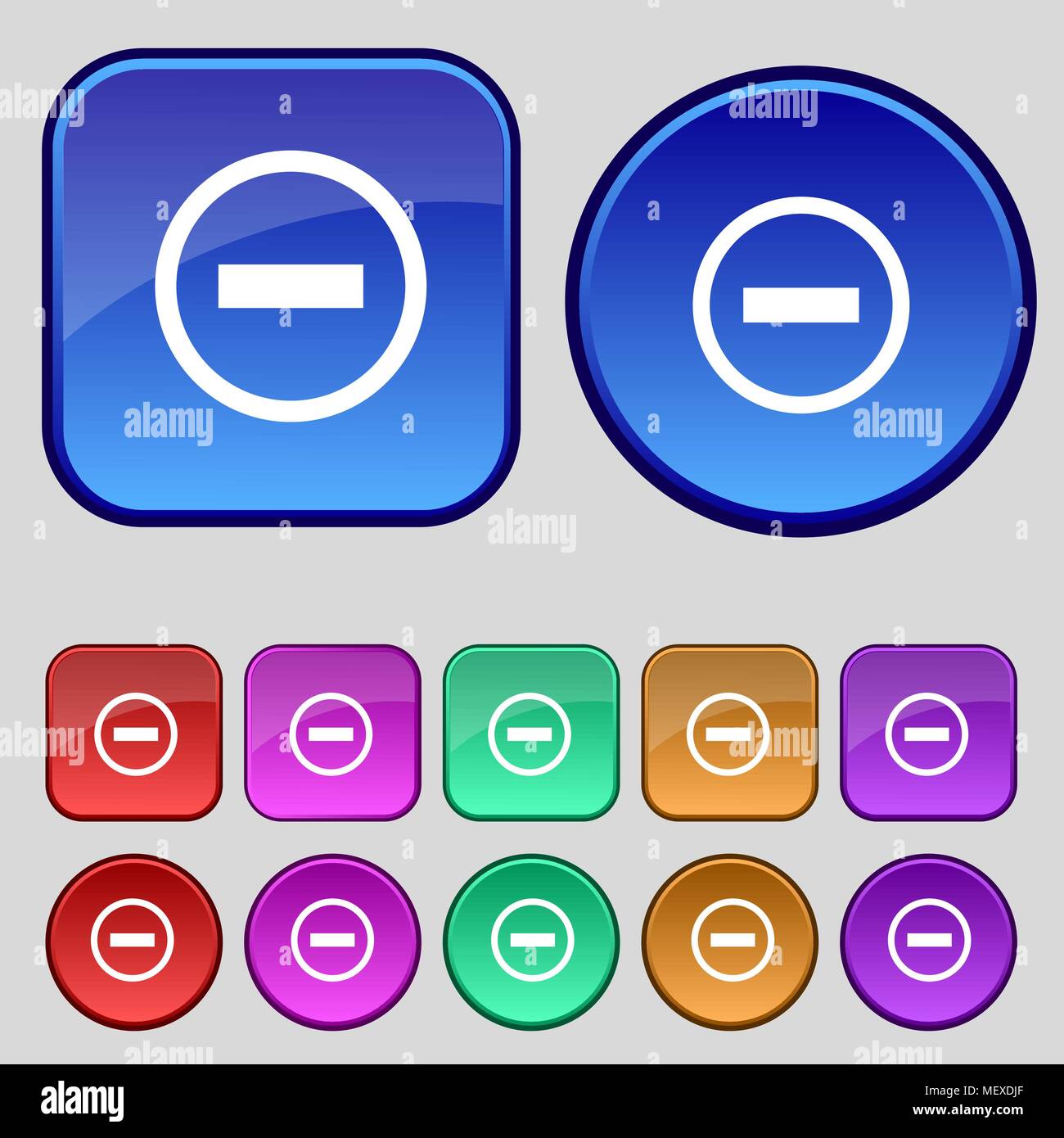 L'icône du signe moins. Symbole négatif. Zoom out Set boutons colorés ...