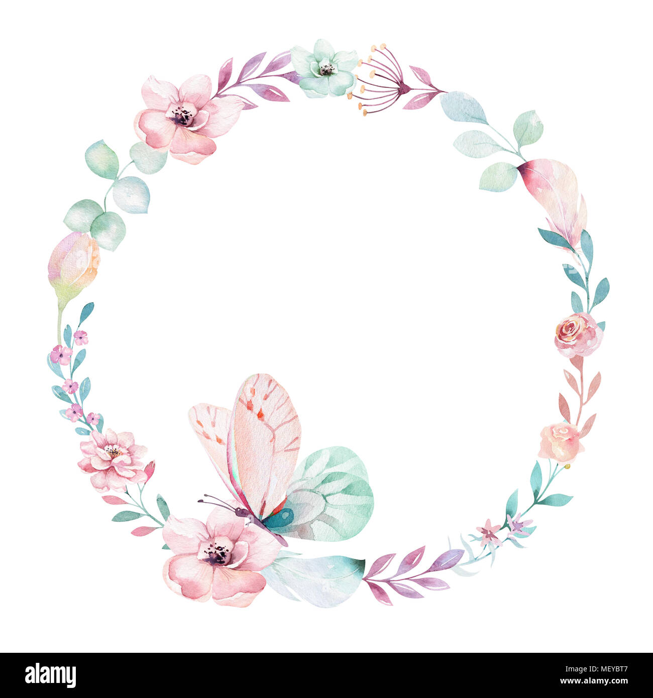 Couronne de fleurs boho aquarelle. Cadre naturel de Bohême : feuilles, plumes, fleurs, isolé sur ...