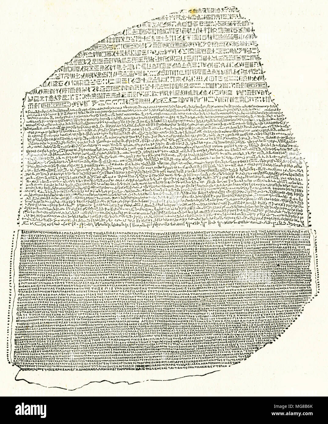 Gravure de l'inscription sur la pierre de Rosette, une clé de la traduction des hiéroglyphes de ...