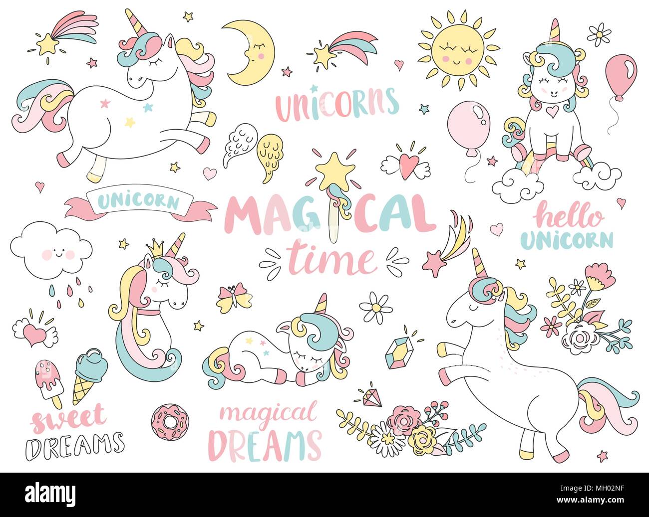 Jeu de licorne et différents éléments magique avec quelques lettres ...
