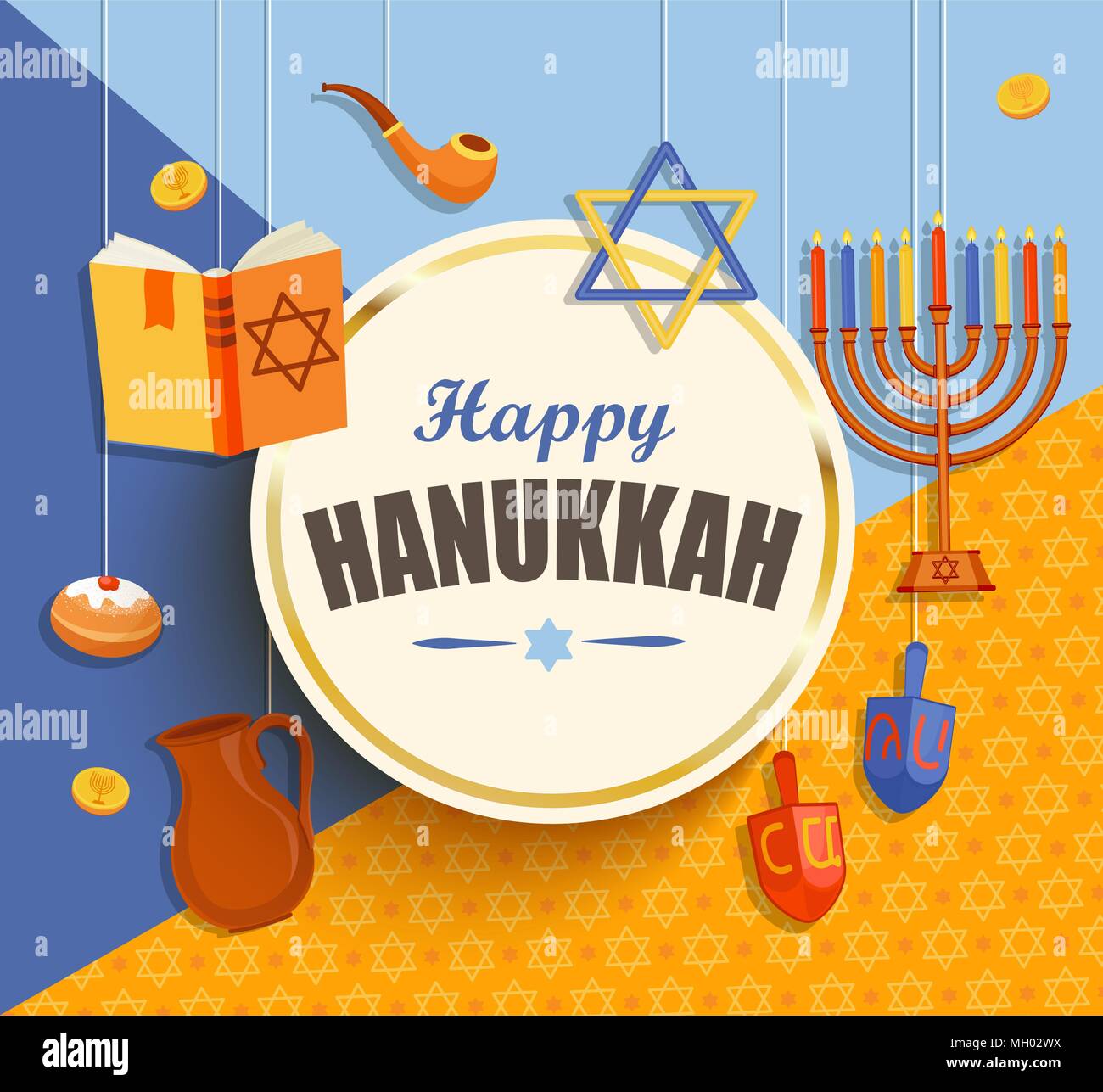 Happy hanouka carte avec cadre doré sur fond géométrique avec ...