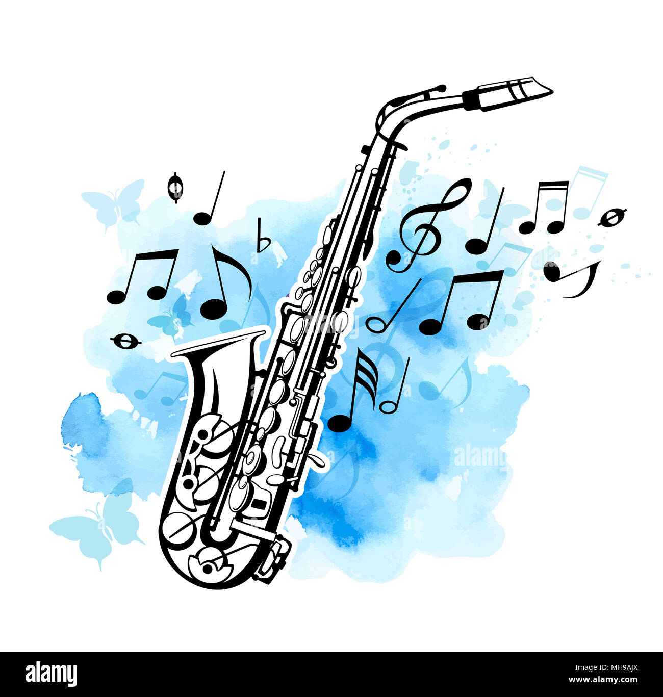 Résumé fond avec les notes de musique et saxophone sur une texture ...