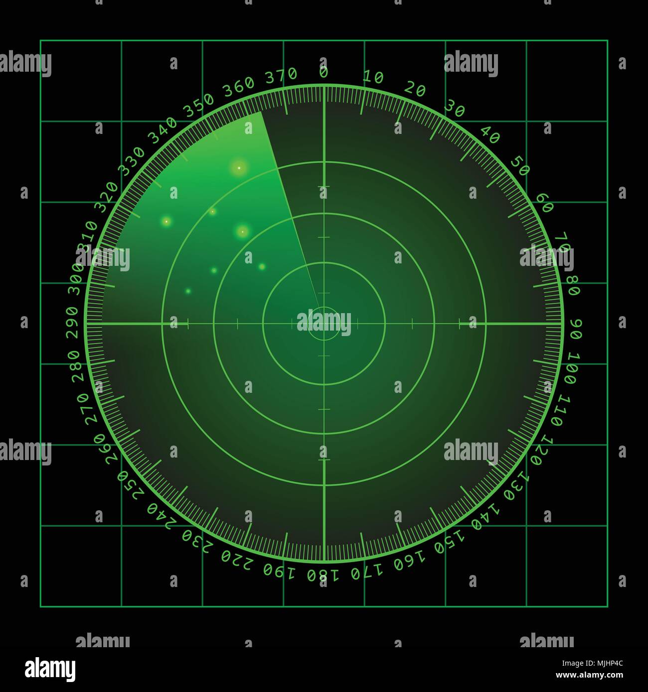 Écran radar vert militaire avec la cible. Interface HUD futuriste ...