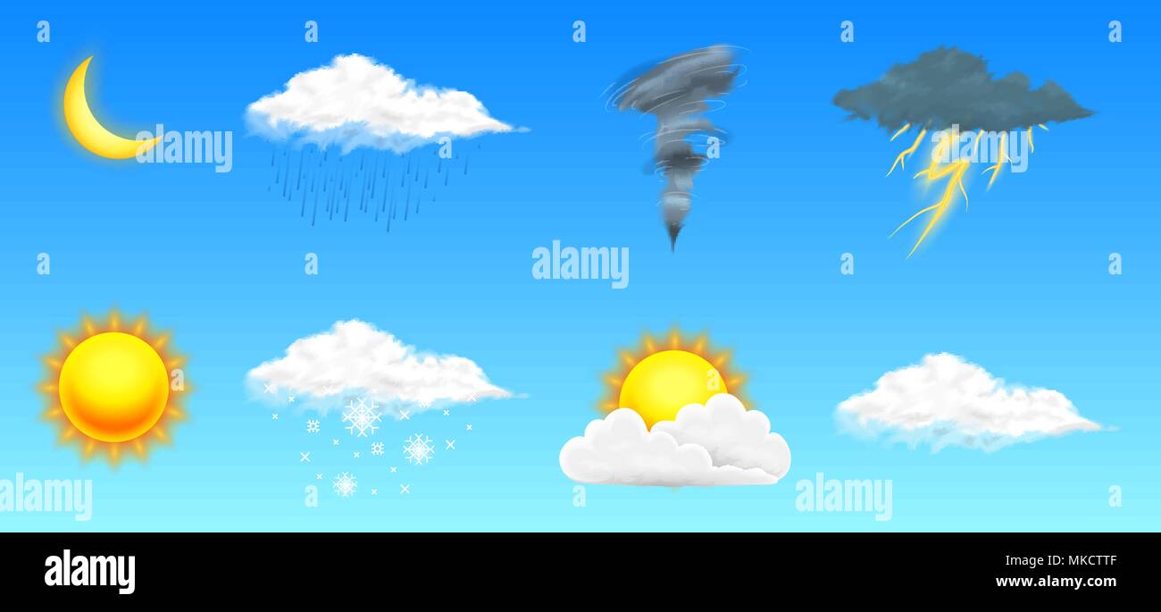 Météo réaliste moderne icons set. Symboles de la météorologie sur fond ...