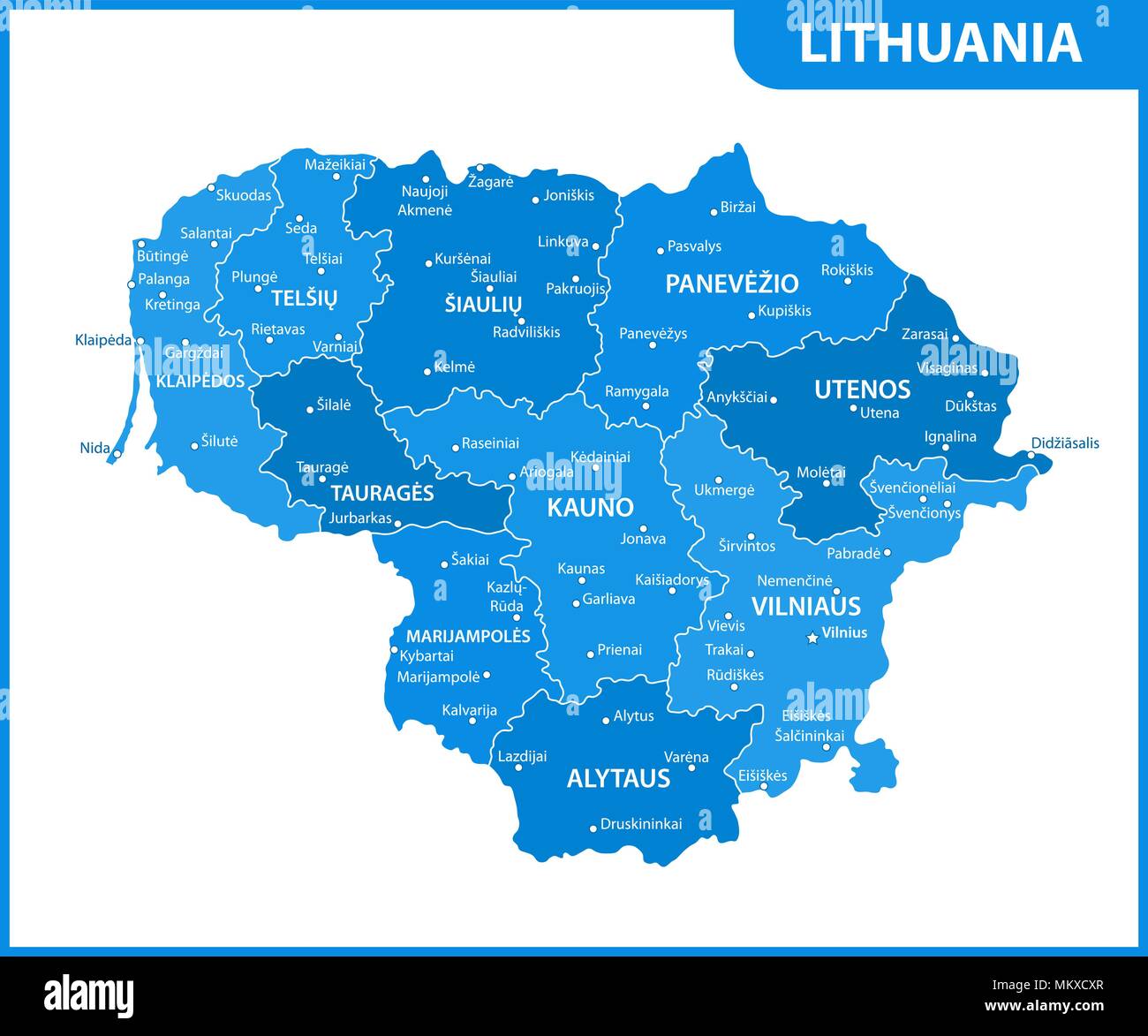 La carte détaillée de la Lituanie avec les régions ou États et villes ...