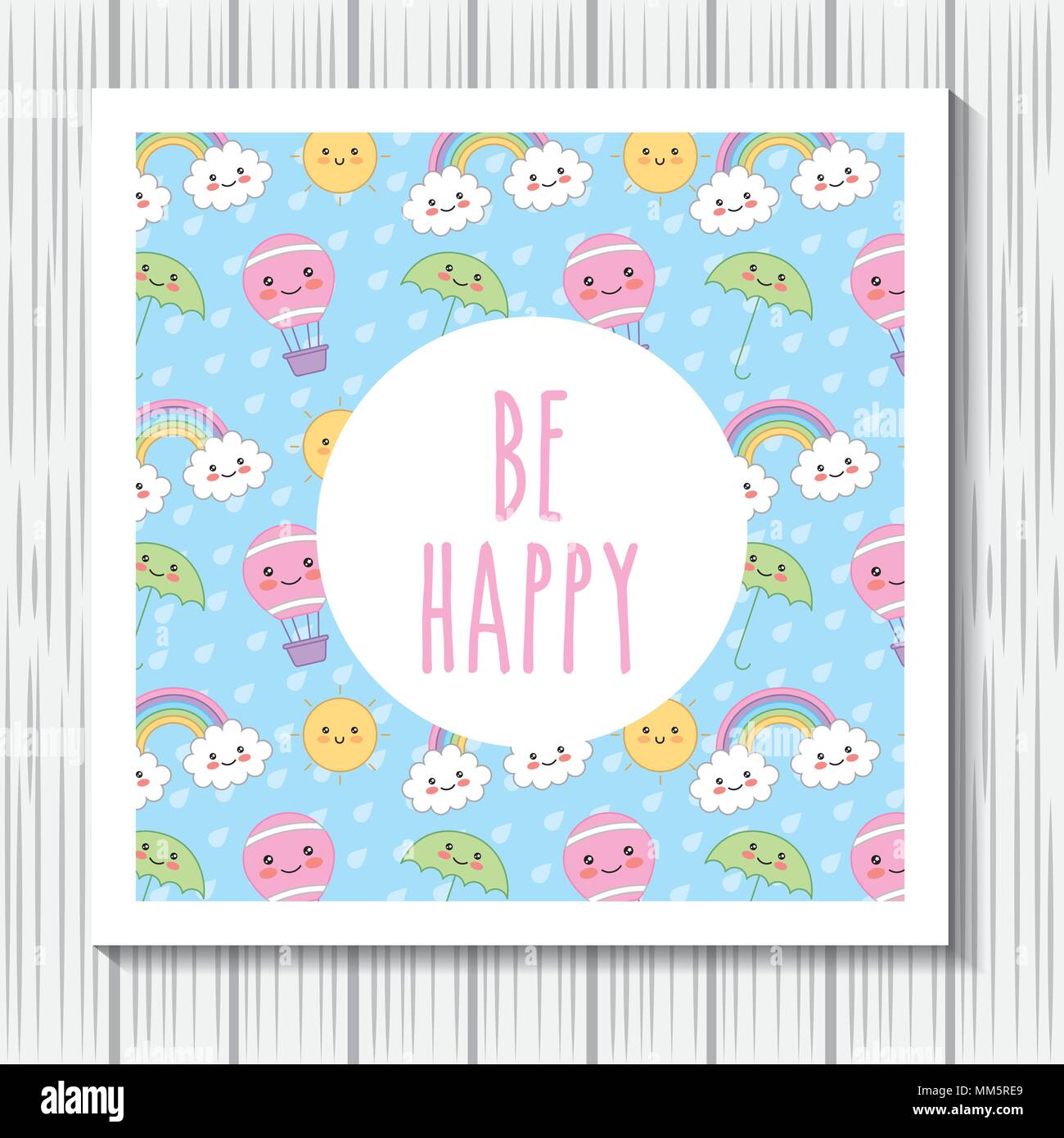 Être happy card rainbow cloud air balloon kawaii cartoon vector ...