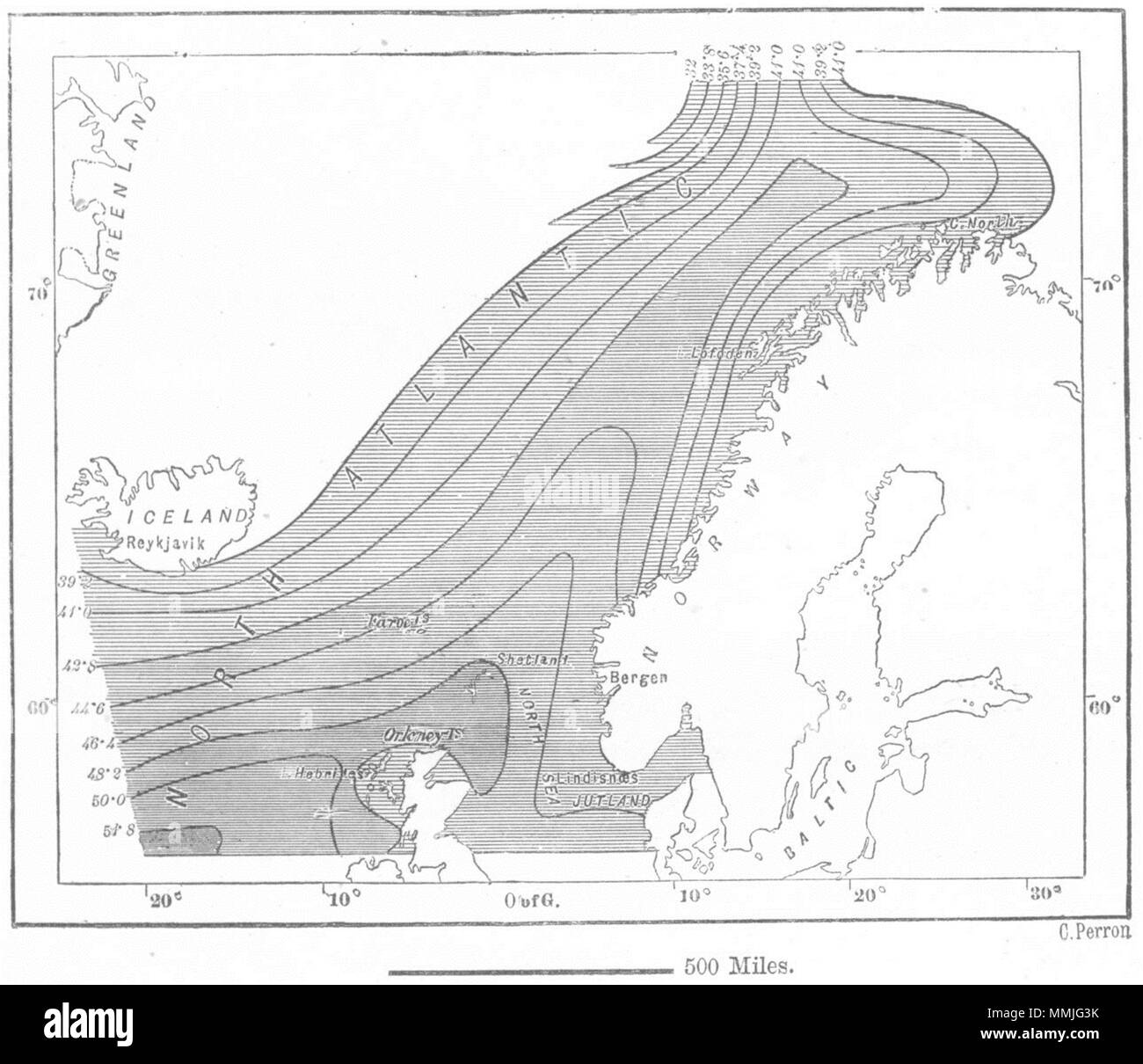 L'ATLANTIQUE. Les lignes isothermes, NE, Mohn, sketch map c1885 Tableau ...