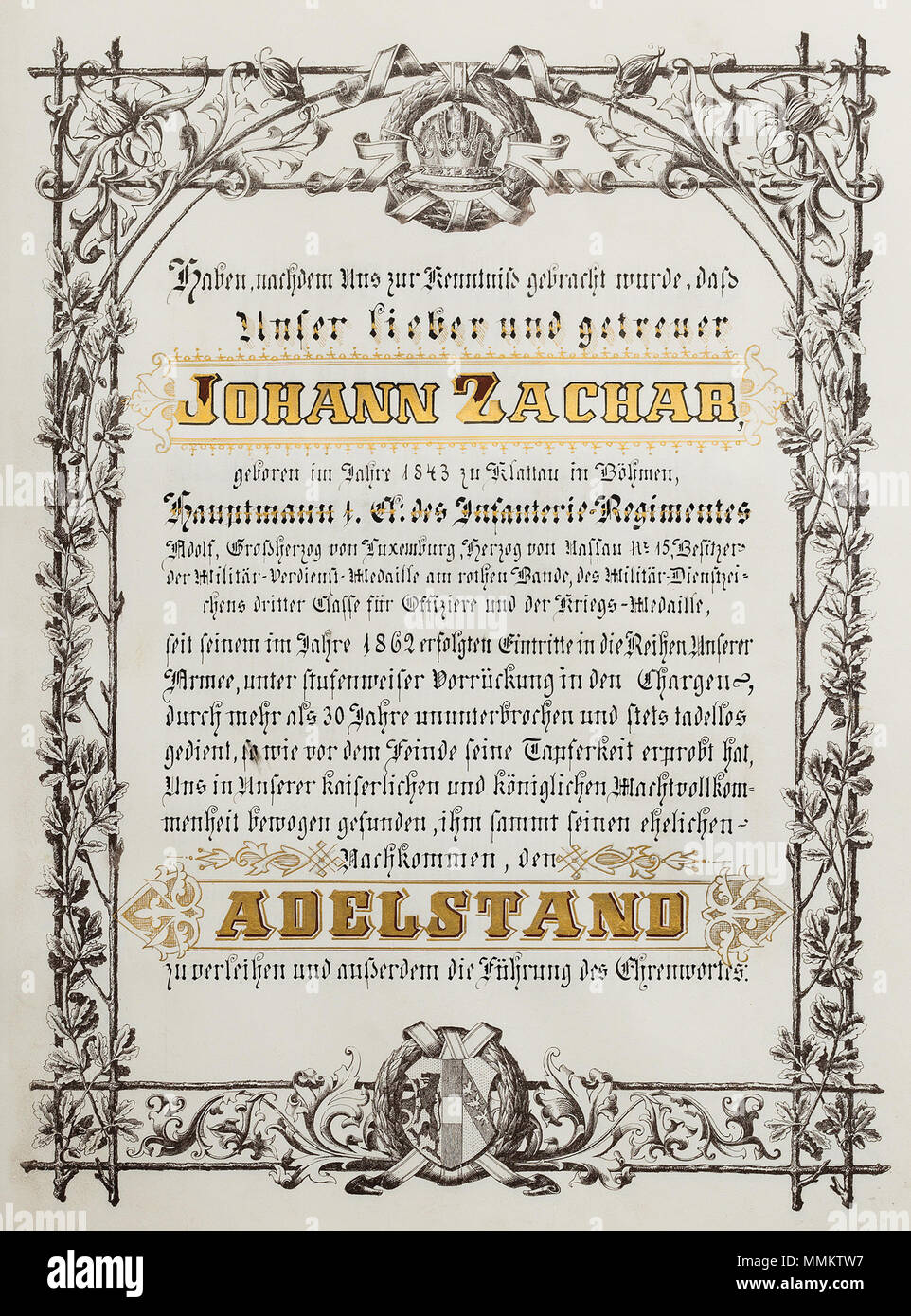 . Deutsch : Seite aus dem Adelsdiplom von Franz Joseph I. (Kaiser von ...