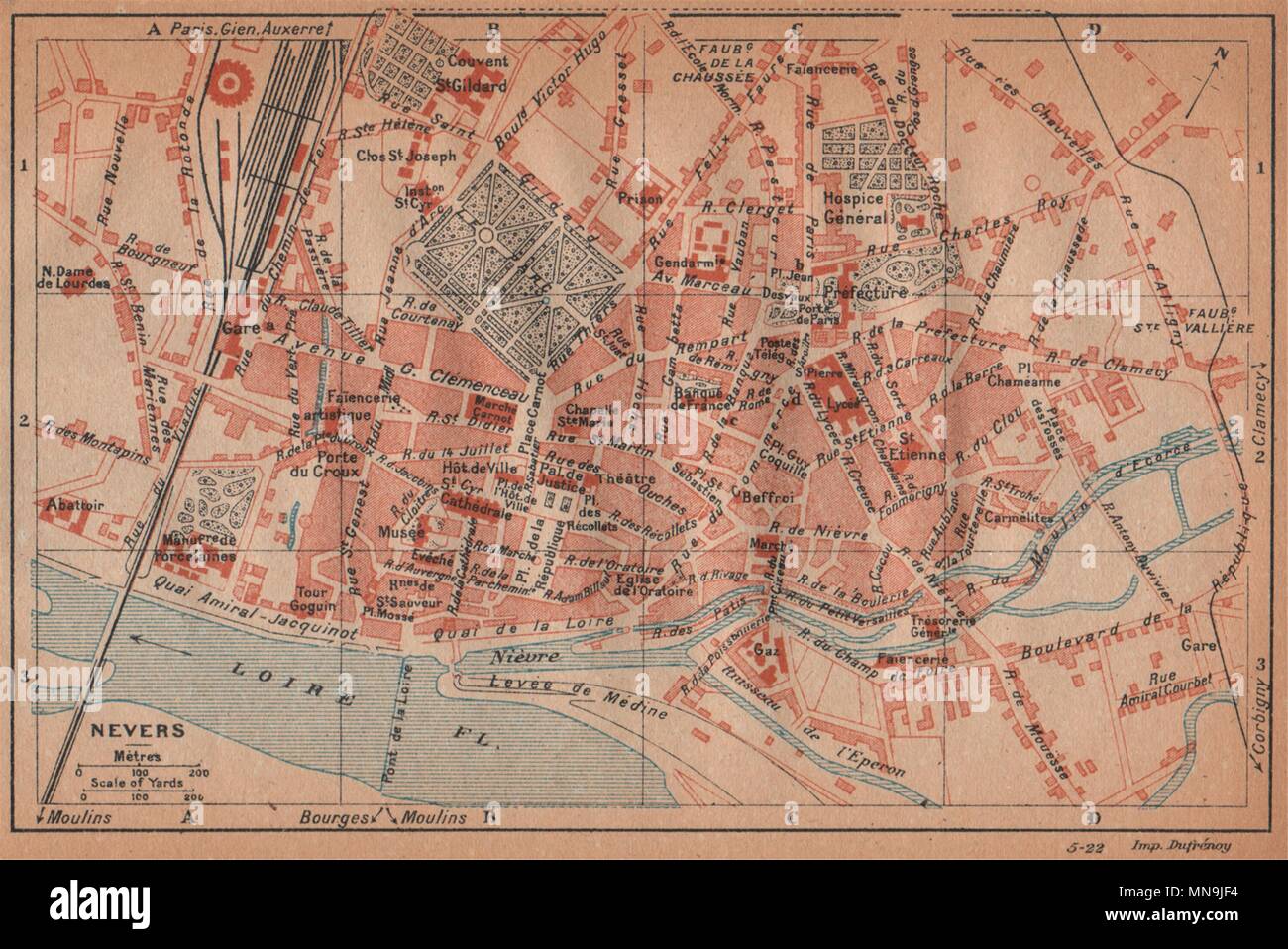 NEVERS. Vintage town city ville plan carte carte. Nièvre Nievre 1922 ...
