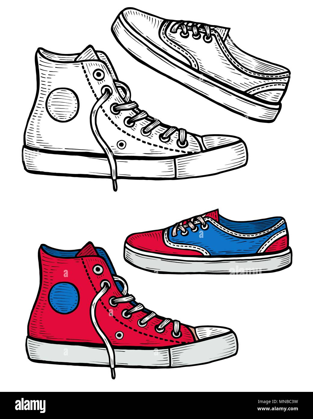 Ensemble de quatre paires de chaussures rouge dessiné dans un style ...