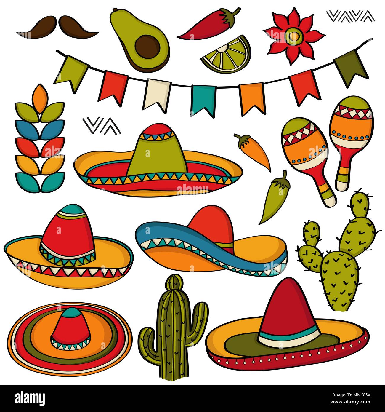 Doodle Mexique collection symbole isolé sur fond blanc, format ...