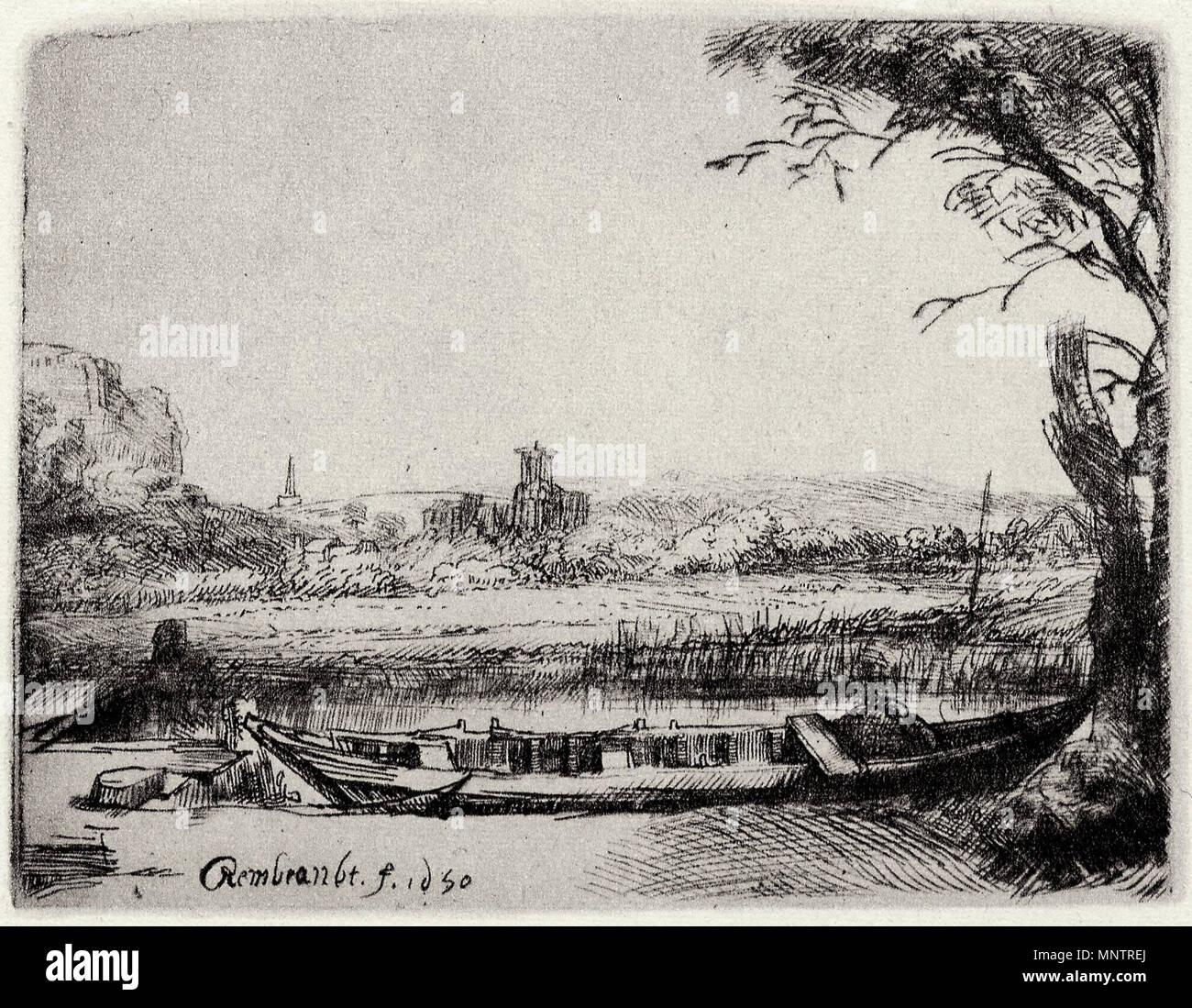 Canal avec un grand bateau et pont 1650. Rembrandt 1051 Landschaft mit ...