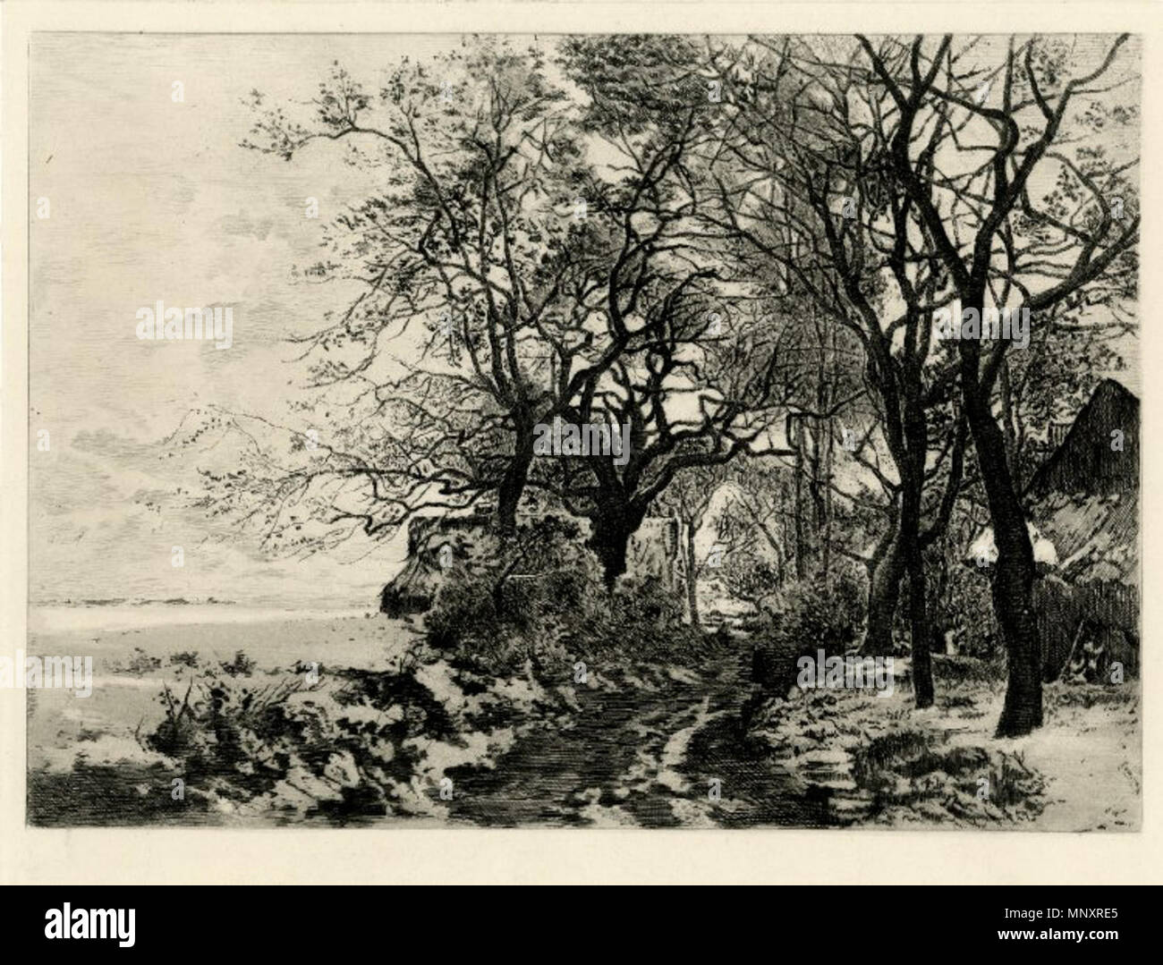 Paysage avec un chemin bordé d'arbres à droite d'un étang 1880. 1184 ...