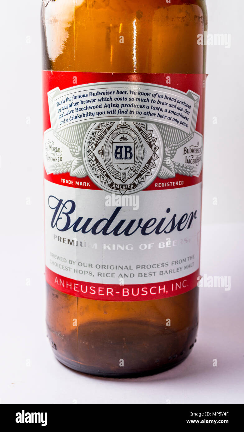 L'étiquette du flacon de la bière de Budweiser sur fond blanc Photo ...