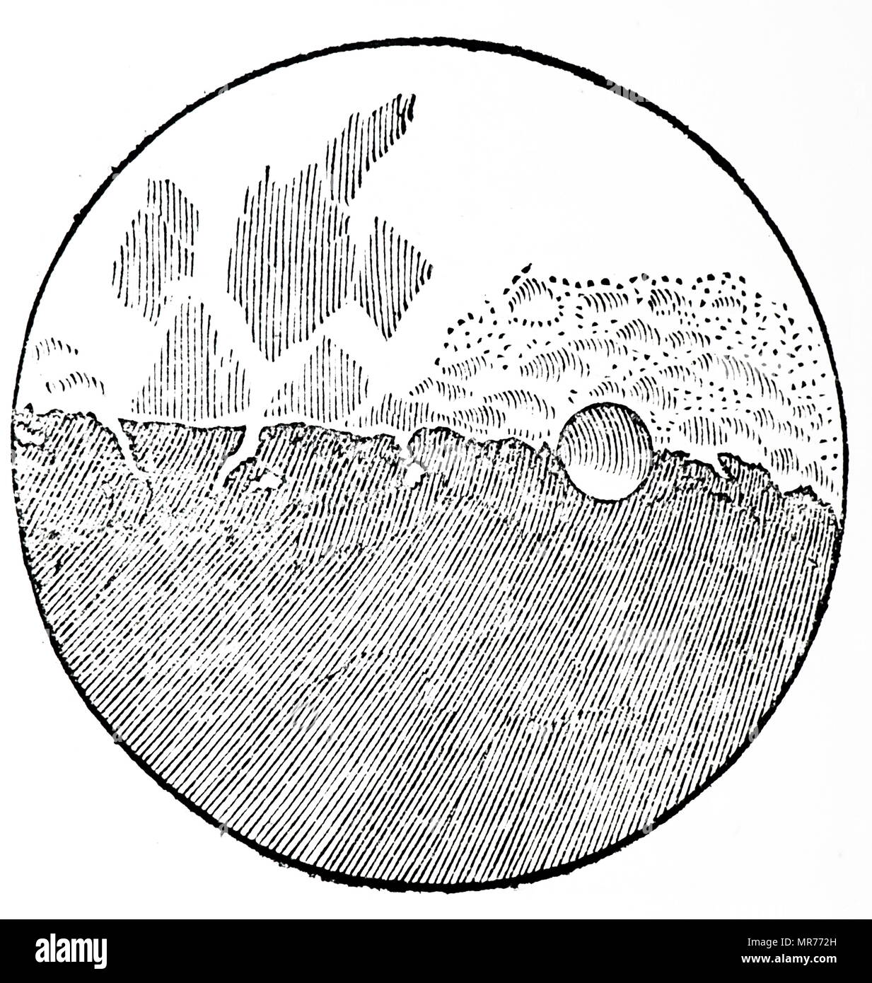 Gravure représentant le dessin de Galilée de la Lune au premier ...