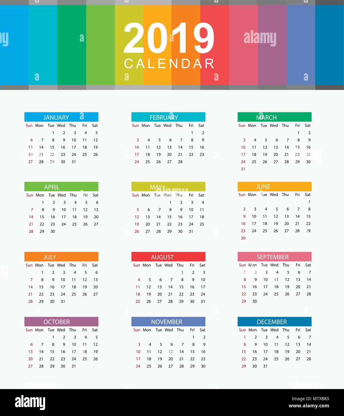 Mise en page simple calendrier pour l'année 2019. De début de la ...