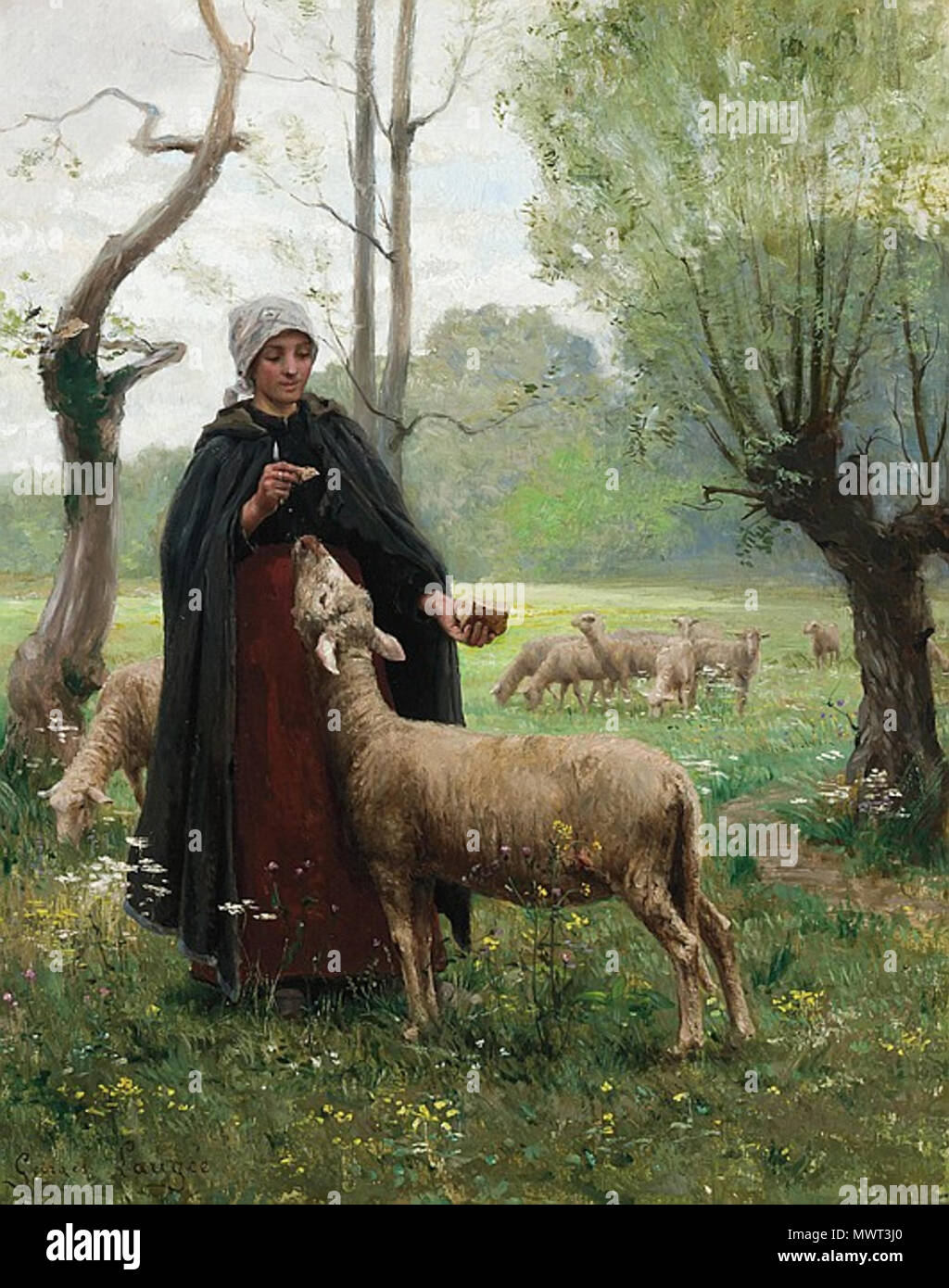 . Anglais : Peinture de Georges Laugée d'une bergère se nourrir l'un de ...