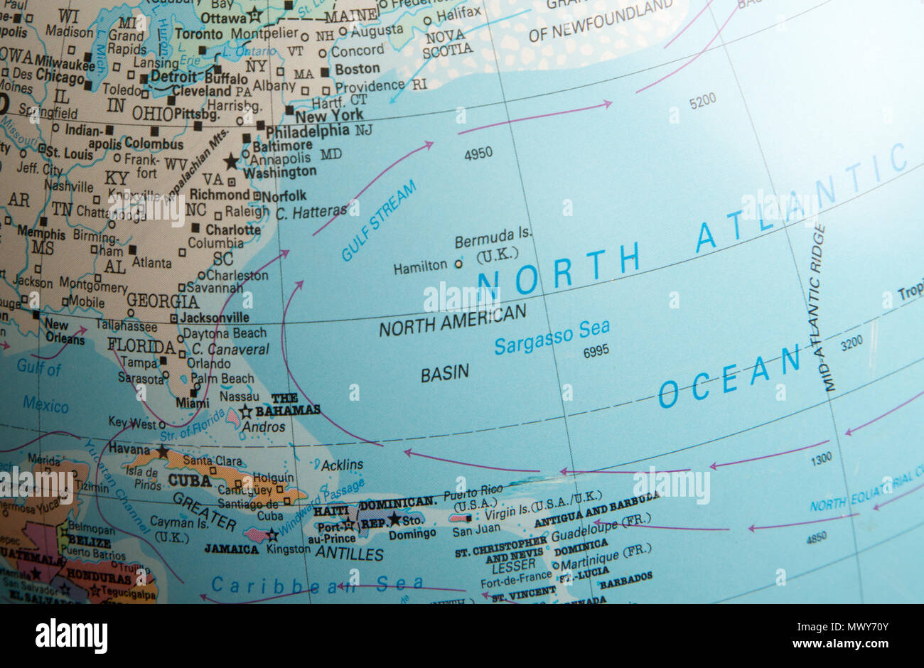 Carte de l'océan Atlantique Nord sur un globe centré sur Gulf Stream ...