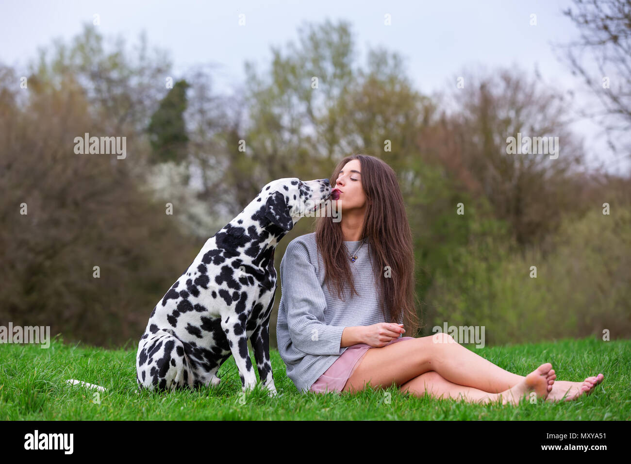 Photo Dune Jeune Femme Qui Reçoit Un Baiser Dun Chien Dalmatien Photo