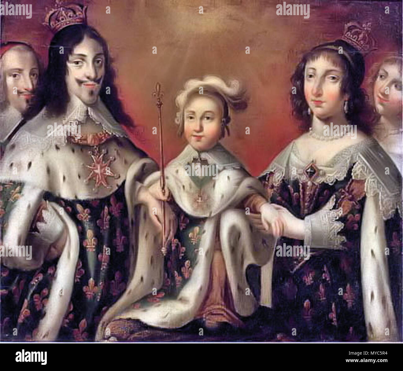 . Louis XIII, Anne d'Autriche, et leur fils Louis XIV, flanqué par le Cardinal de Richelieu et ...