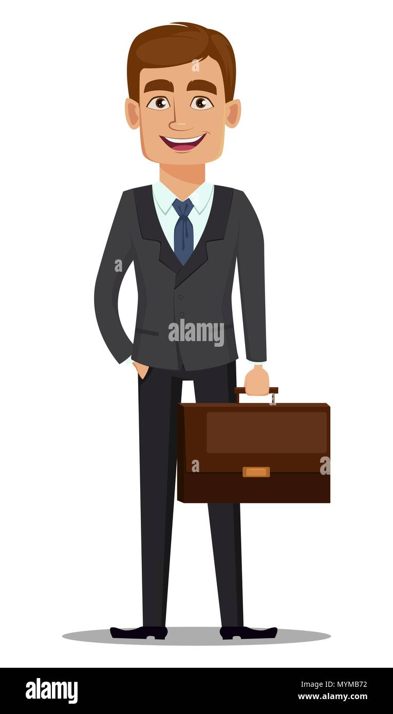 Beau costume de banquier. Joyeux personnage holding briefcase. Vector ...