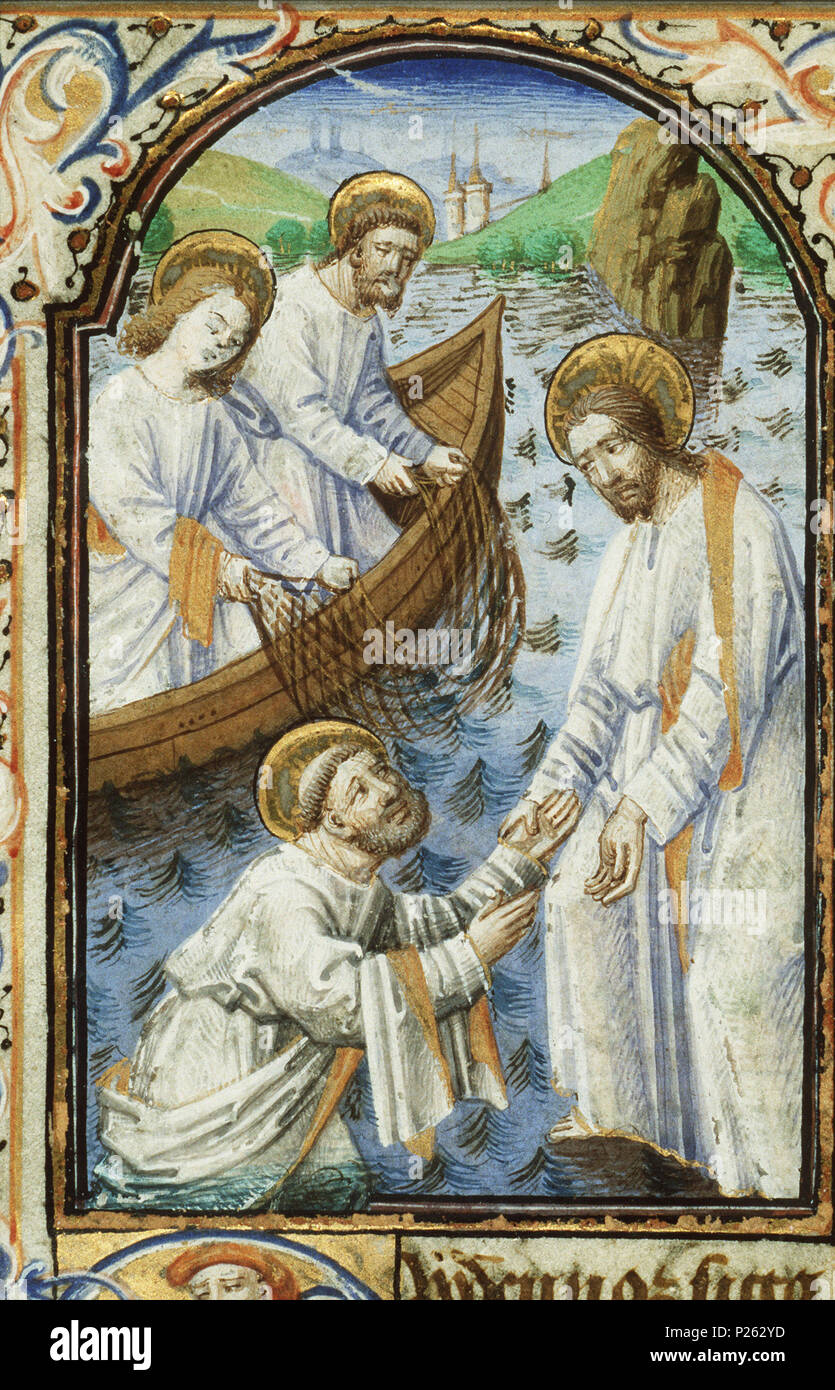 . Le Christ apparaît au bord du lac de Génésareth, Saint Pierre marche ...