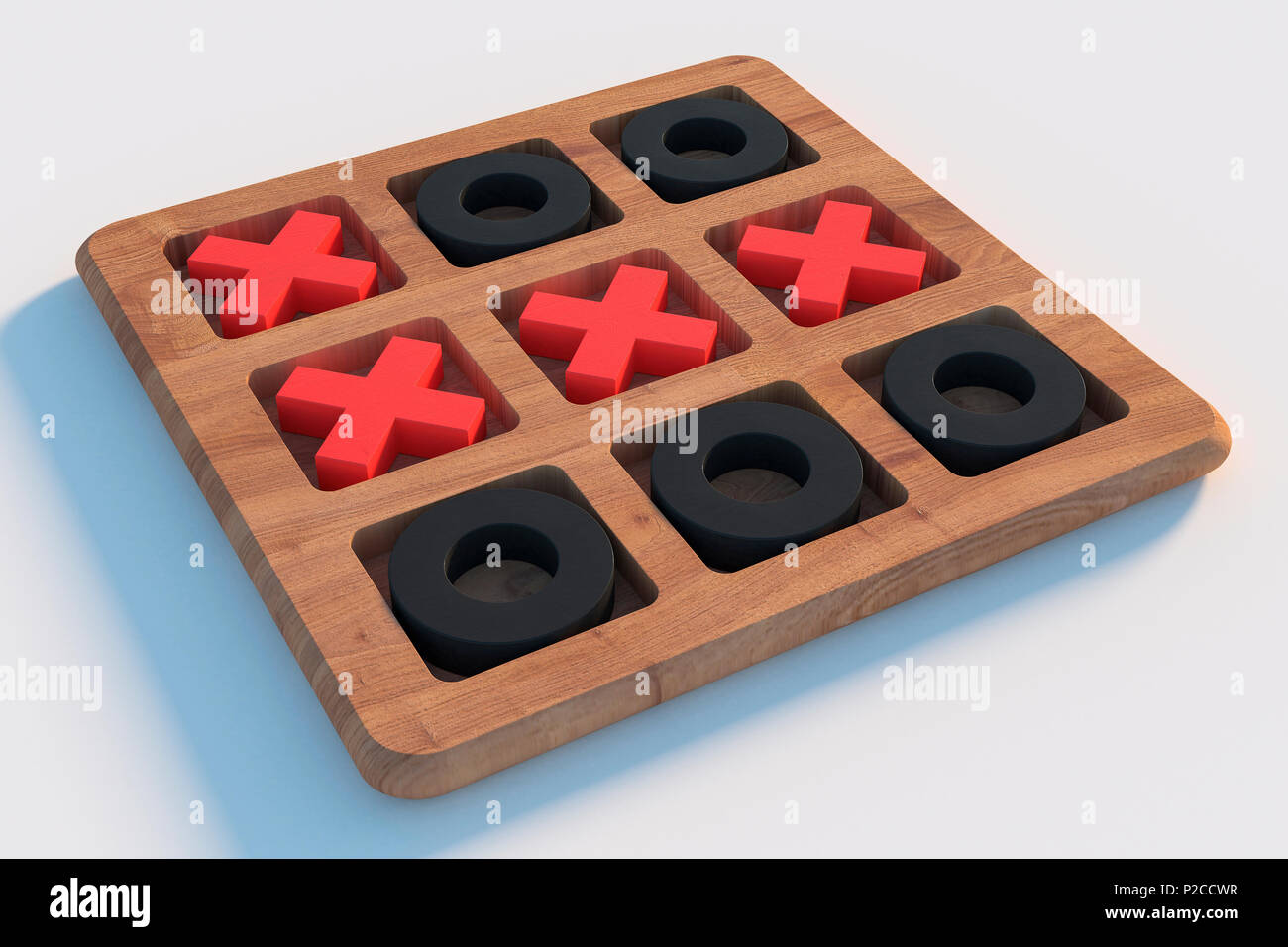 Jeu de morpion en bois blanc sur fond flou. Une croix rouge et noir ...