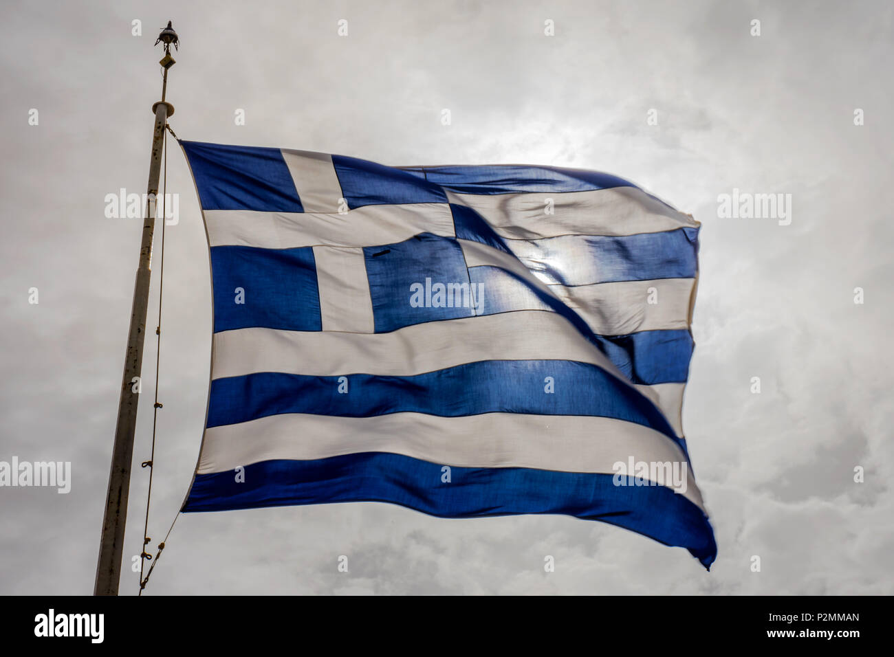 Bleu Blanc drapeau grec Athènes Grèce Acropole Sommet Soleil ...