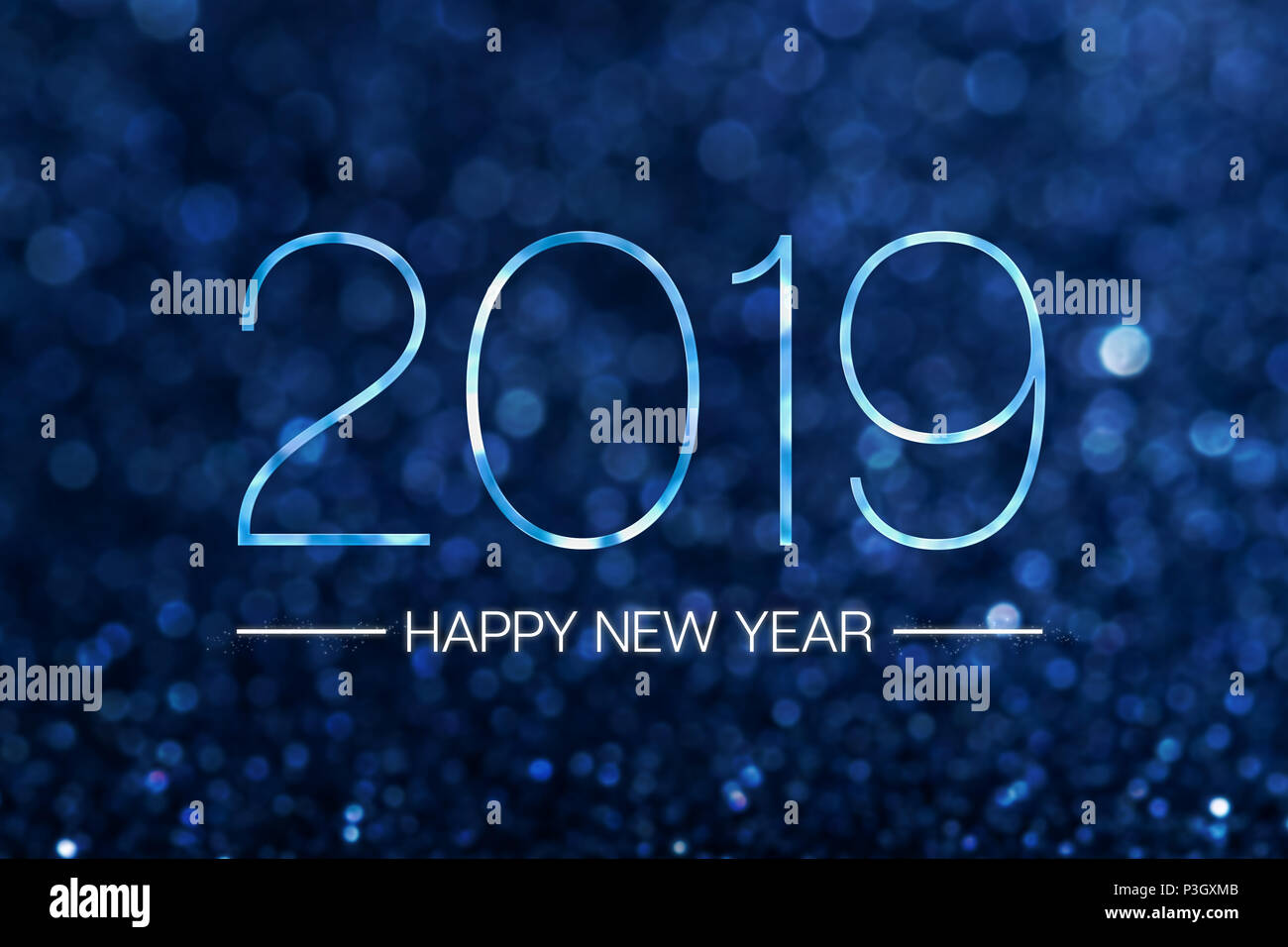 Bonne année 2019 avec dark navy blue glitter bokeh background,mousseux ...
