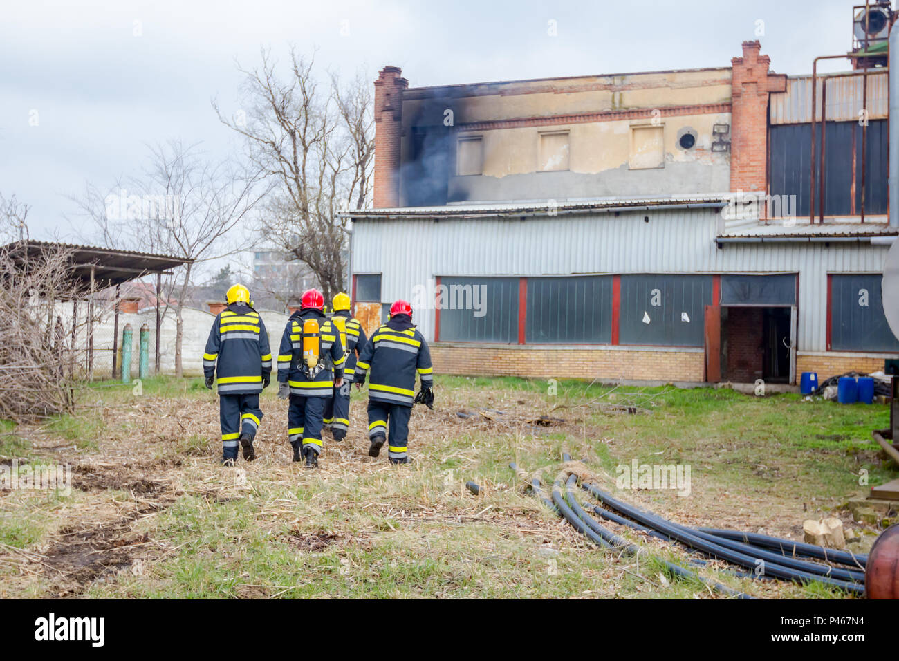Vue de derrière sur l'équipe de pompiers en uniforme avec un équipement ...