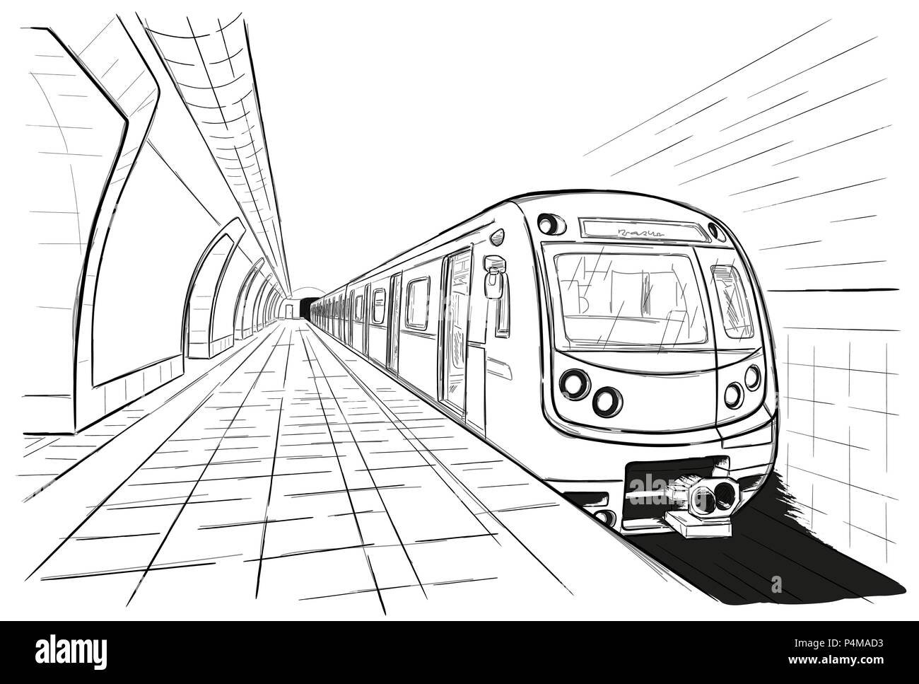 Encre dessinés à la main, croquis de la ligne de métro, train en vue ...