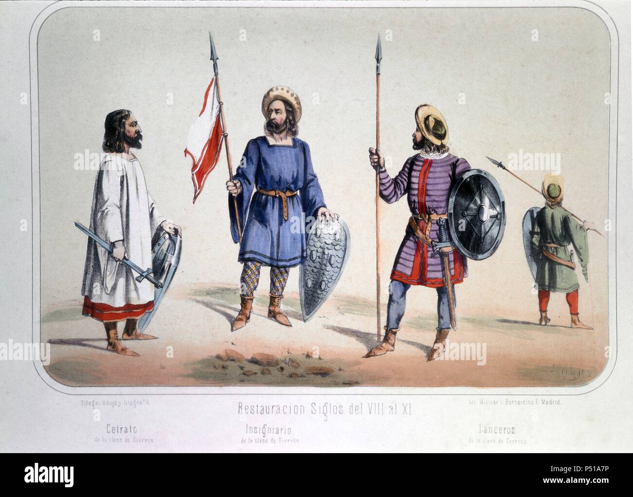 Época Restauración. Cetrato Insigniario, y Lanceros. Dibujo de Villegas ...