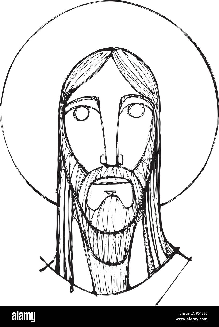 Hand drawn vector illustration crayon ou un dessin de Jésus Christ Face ...