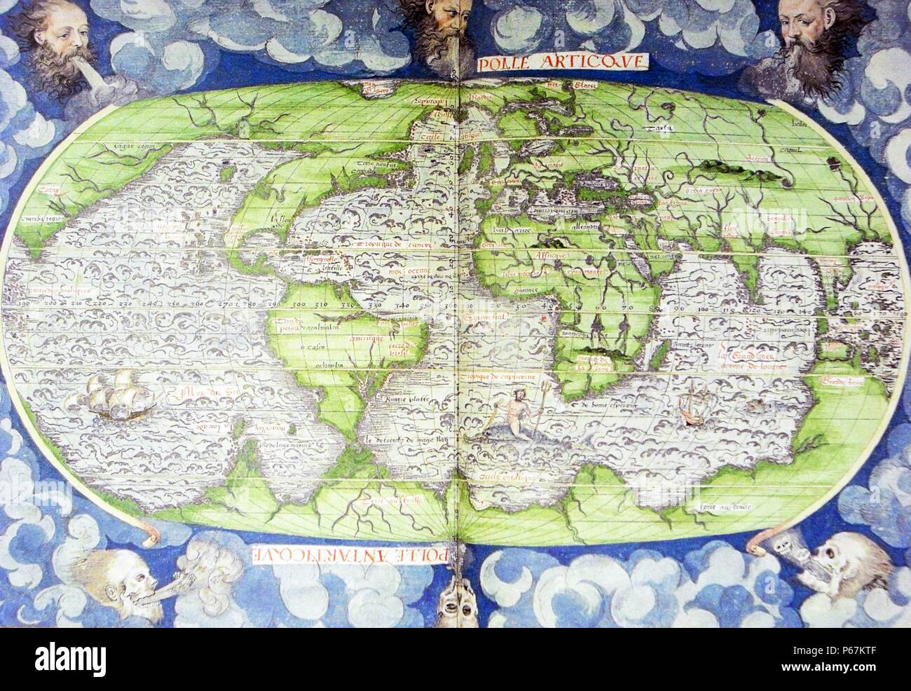16e siècle carte du monde par Guillaume Le Testu (1509-1573) corsaire ...