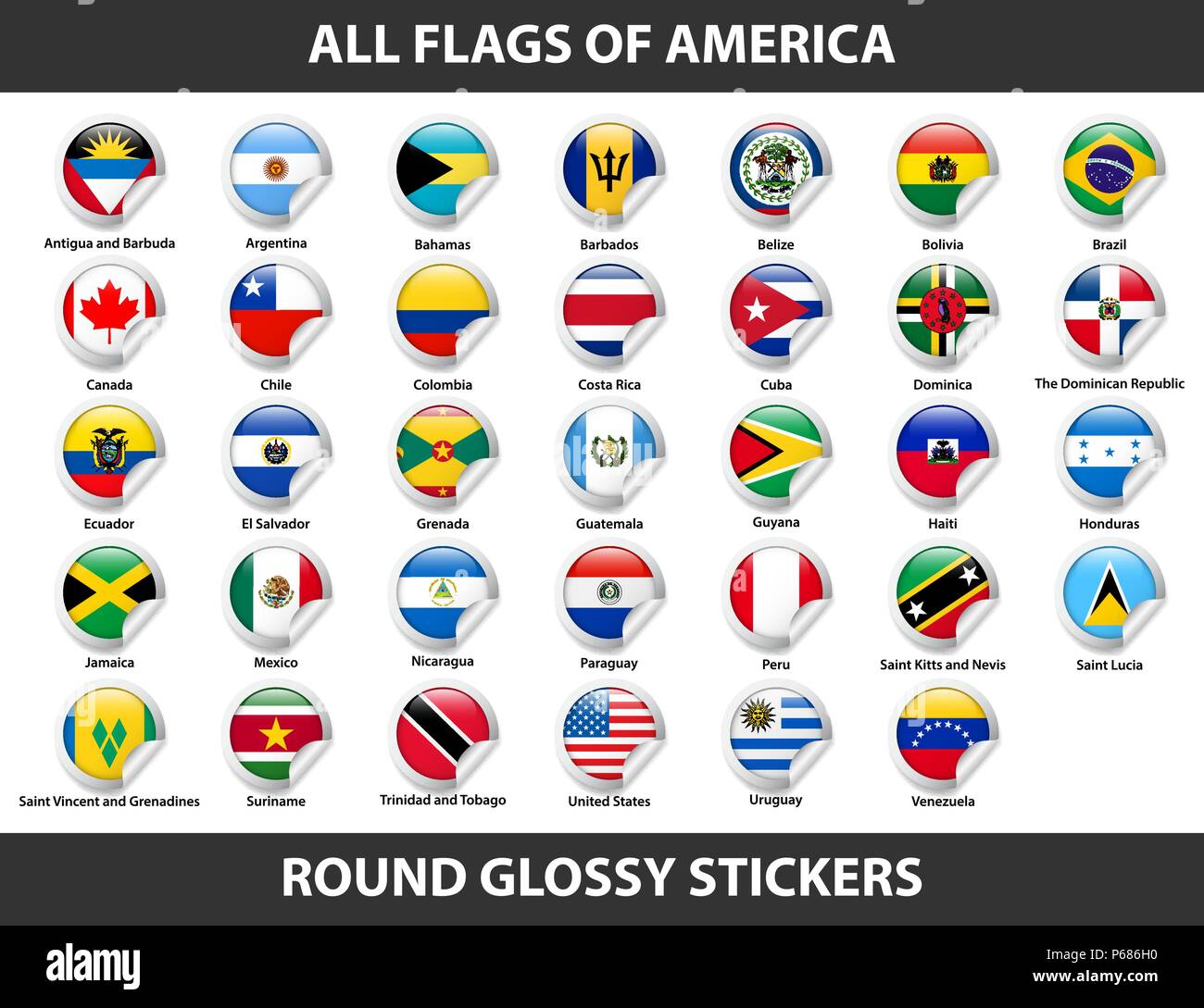Drapeaux de tous les pays de continents américains. Autocollants ...
