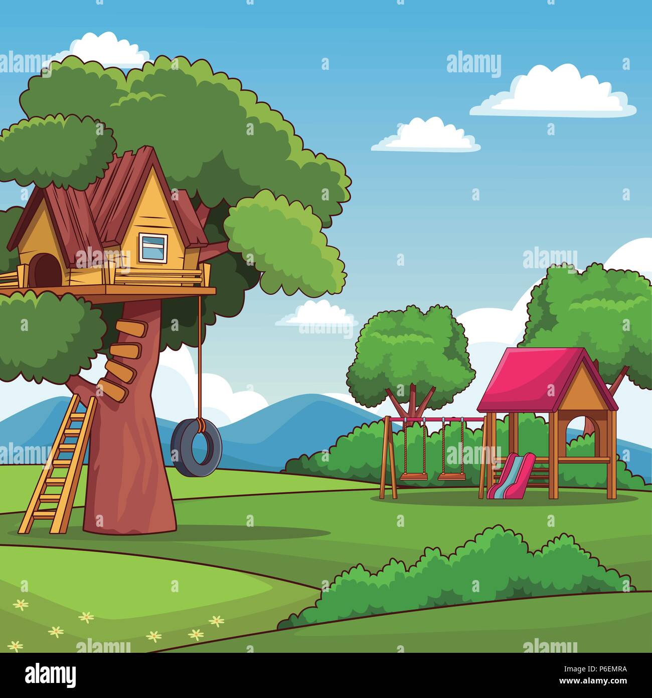Parc avec maison de l'arbre et paysage playhouse cartoon vector ...