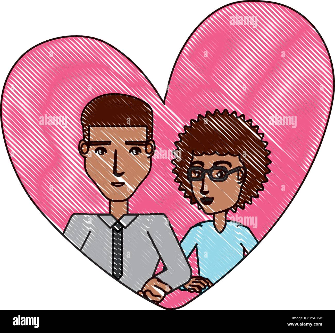 Coeur avec jeune couple dans l'amour sur fond blanc, vector ...