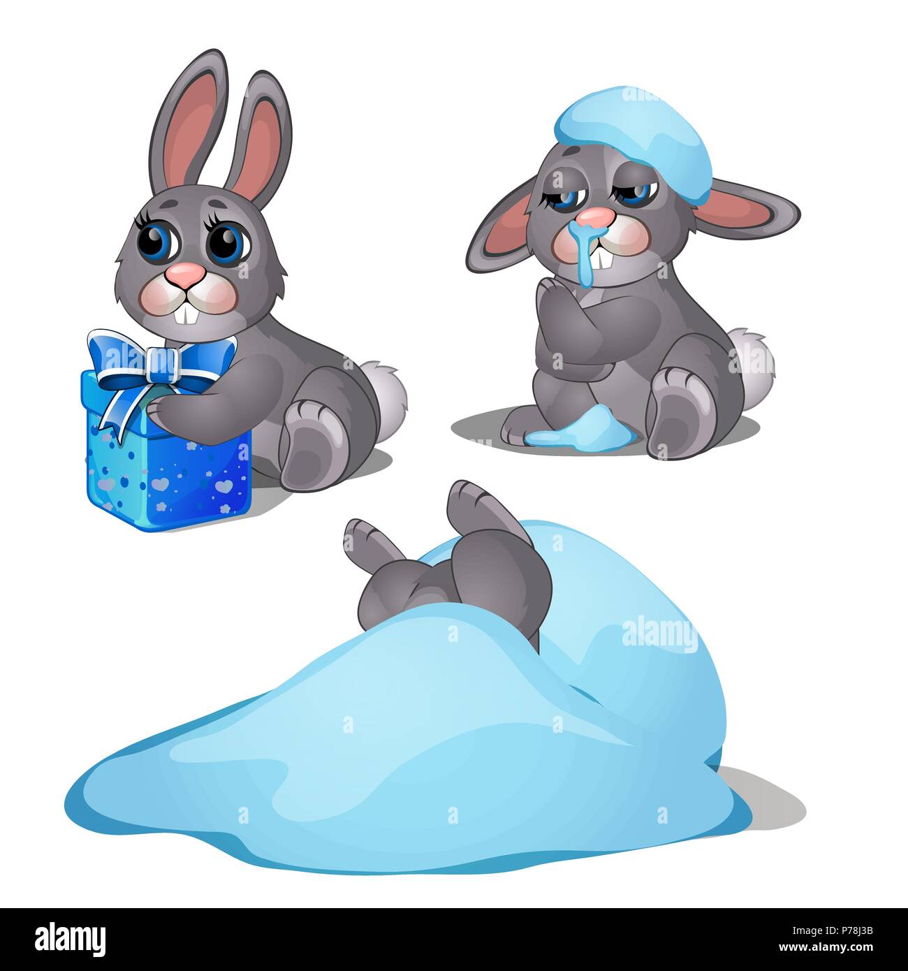 Ensemble de lapins gris mignon isolé sur fond blanc. Cartoon Vector ...