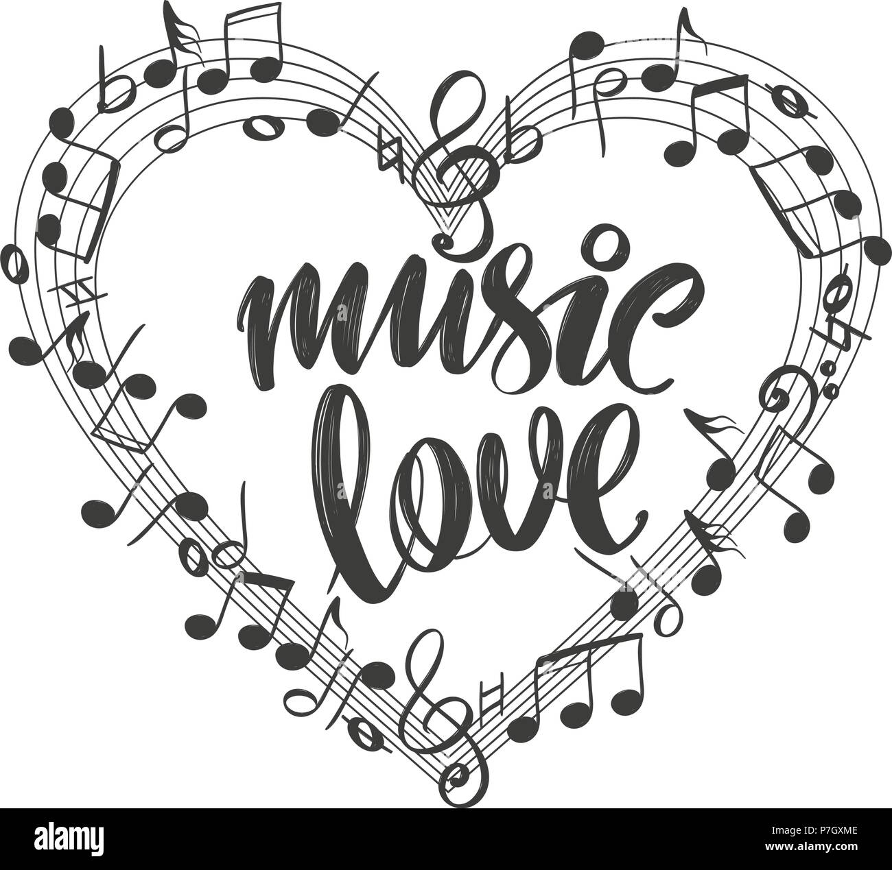 Des notes de musique sous la forme d'une icône en forme de cœur, aime ...