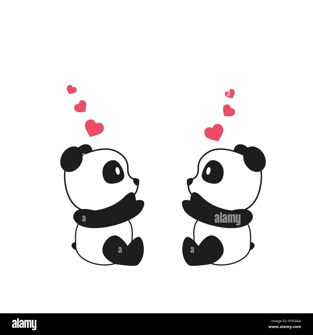 Deux petits pandas mignons avec aquarelle rose coeurs. Carte de vœux ...