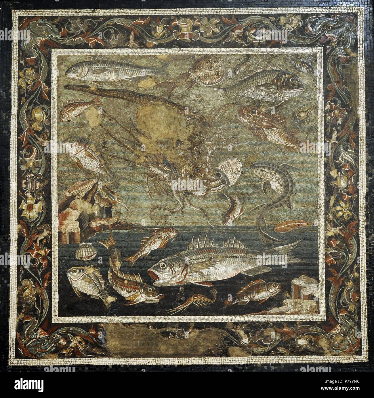 Mosaïque romaine. Avec des poissons marins. De Pompéi, Maison du Faune ...