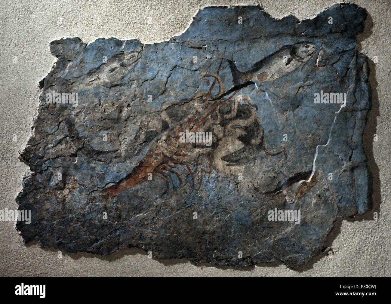 Roman fresque représentant un combat entre une pieuvre et un homard ...